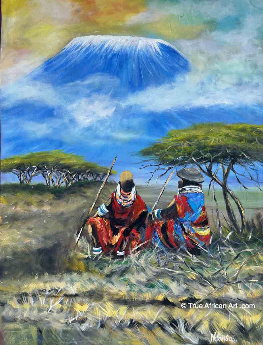 John Ndambo | Kenya | Large Painting of the Maasai by an Acacia Tree – True African Art